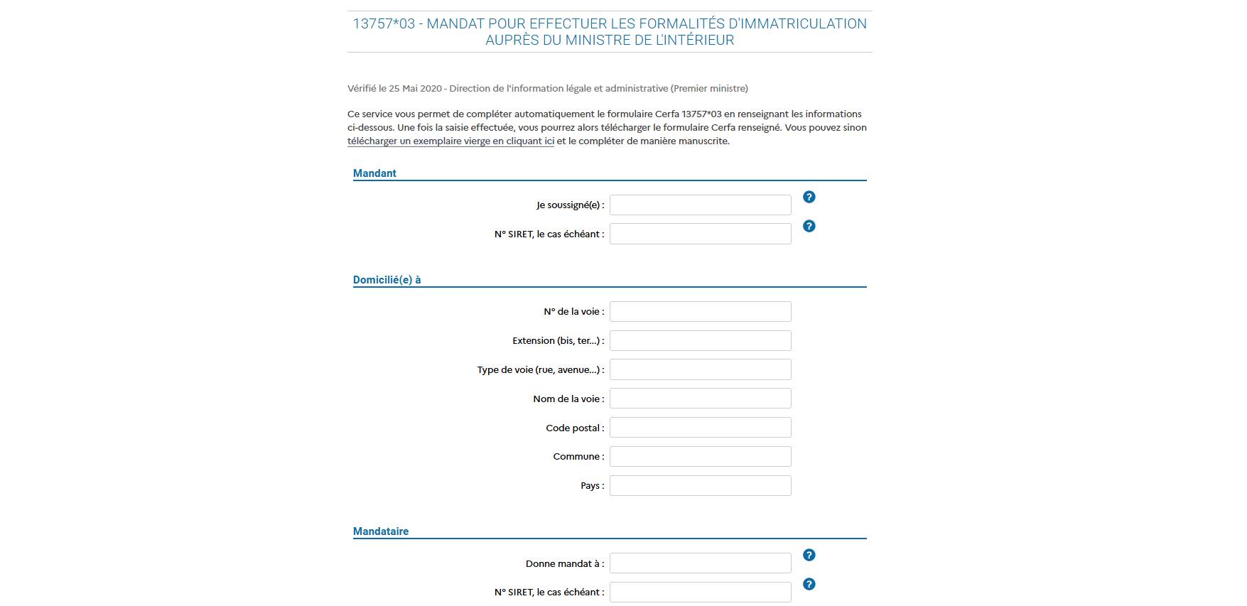 Mandat immatriculation - formulaire cerfa n° 13757*03