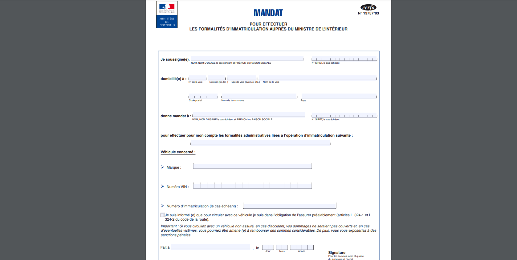Mandat immatriculation - formulaire cerfa n° 13757*03